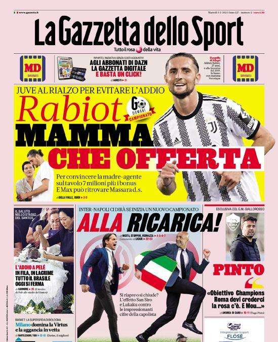 La Gazzetta dello Sport apre sulla proposta di rinnovo a Rabiot: "Mamma che offerta"